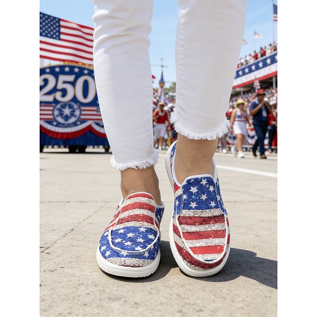 Women's Red Blue American Flag Print Comfort Mules – Canvas Slip-On ...