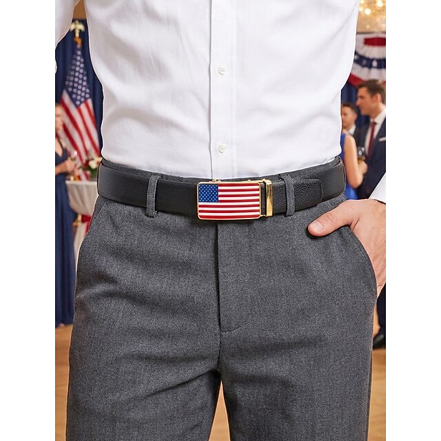 Men's Genuine Leather Automatic Buckle Belt, American Flag Metal Buckle ...