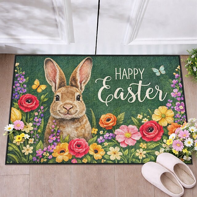 Easter Doormat Featuring Cute Bunny Surrounded by Vibrant Flowers and ...