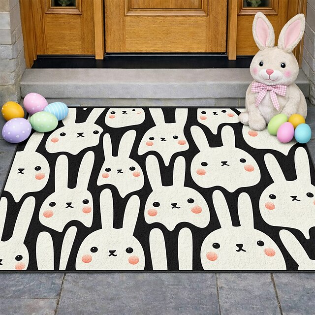 Easter Doormat Playful Black and White Bunny Face with Cute Rosy Cheeks ...
