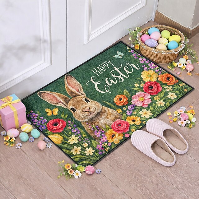 Easter Doormat Featuring Cute Bunny Surrounded by Vibrant Flowers and ...