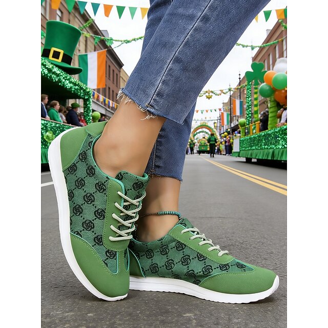 Women's Green St. Patrick's Day Sneakers with Rose Pattern and Lace-Up ...