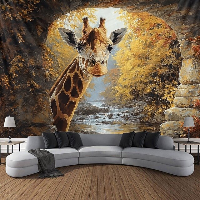 3D Giraffe Tapestry Wall Hanging Animal Art Nature Landscape Cave Arch ...