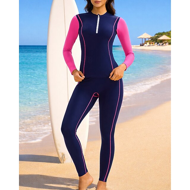 Women's Rash Guard Bathing Suit 2 Pieces Patchwork Full-Length Leg UV ...