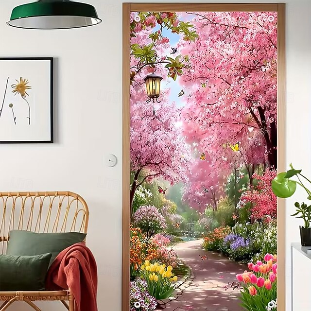 Spring Cherry Blossom Door Banner Romantic Sakura Garden Path Porch ...