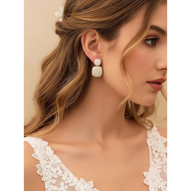 Women's Faux Pearl Square Drop Earrings, Elegant Geometric Statement ...