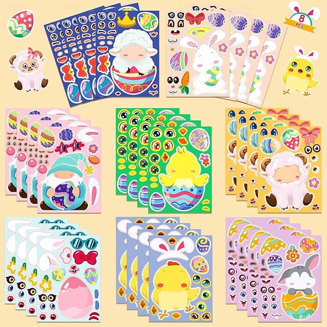 8 Sheets Face Changing Puzzle Stickers Easter Cartoon Creative Make a ...