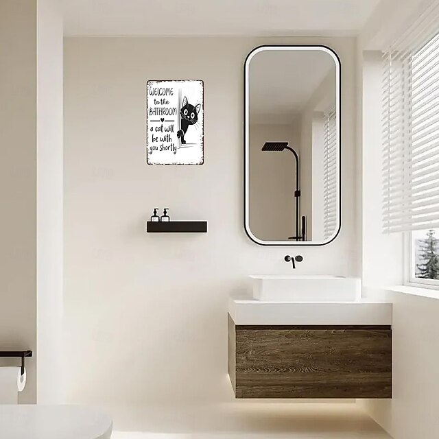 2 Pack Vintage Black & White Cat Wall Art - "Welcome To The Bathroom ...