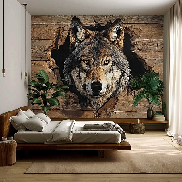 3D Wolf Tapestry Wall Hanging Realistic Timber Wolf Emerging From Wood ...