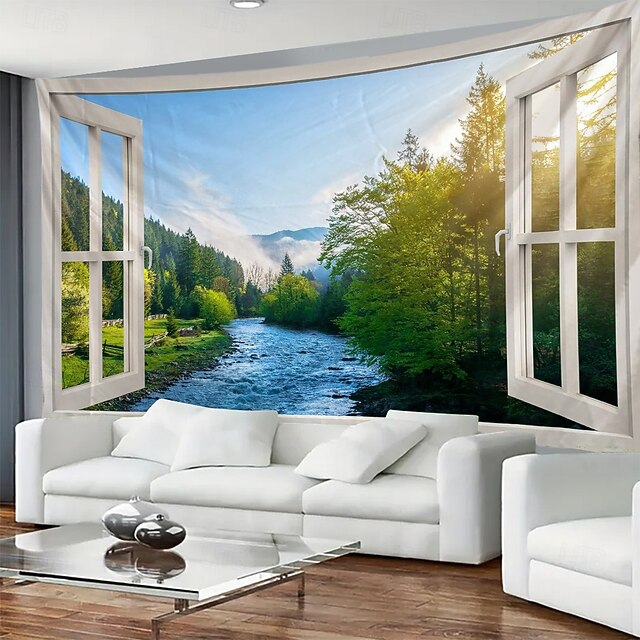 Nature Landscape Tapestry Fake Window View Mountain Lake Wall Hanging ...