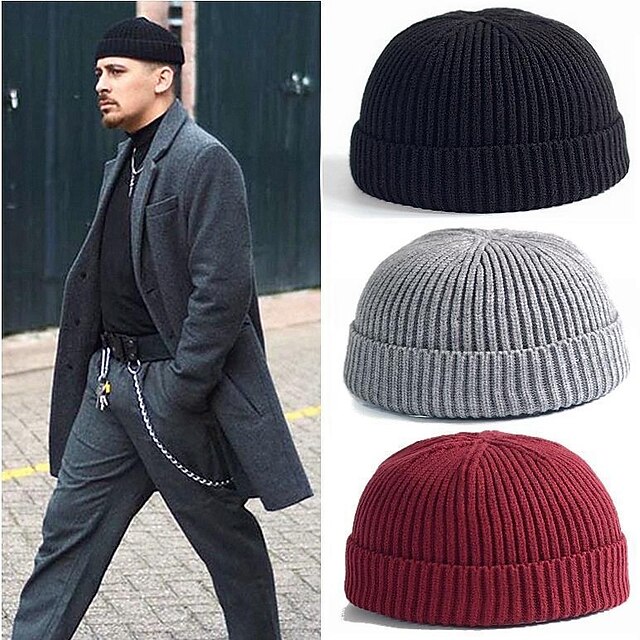 Men Floppy Hat Melon Cap Blue Black 100% Acrylic Ruched Stripe Knitwear ...