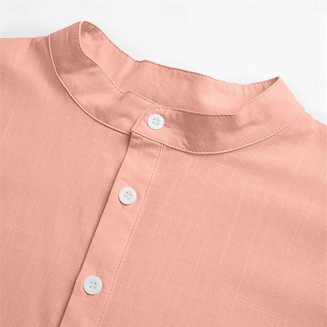Men Shirt Linen Shirt Popover Shirt Summer Shirt Beach Wear Band Collar ...