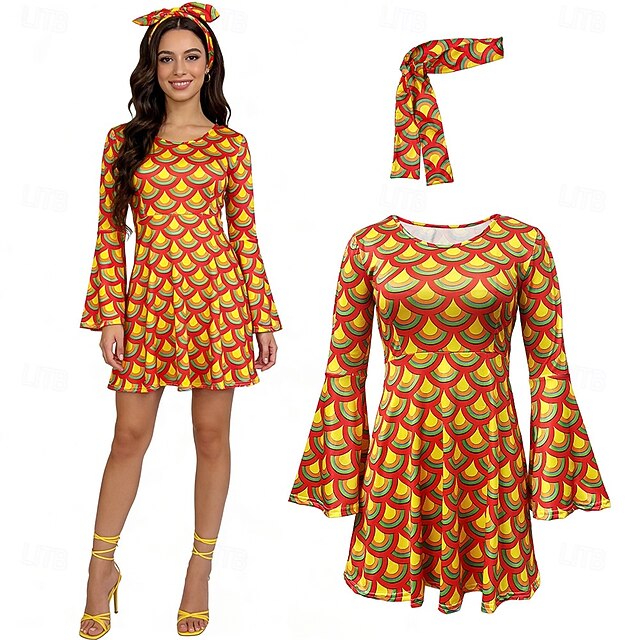Retro Vintage 1970s Mod fashion Dress Headband Long Sleeves Hippie ...