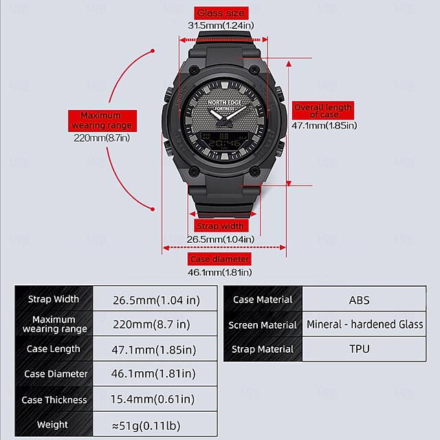 NORTH EDGE Men Digital Watch Quartz Watch Outdoor Sports Luminous ...