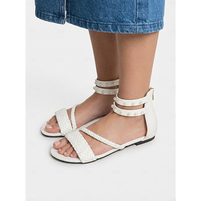 Women's White Braided Flat Sandals - Elegant Pearl Ankle Strap Shoes ...