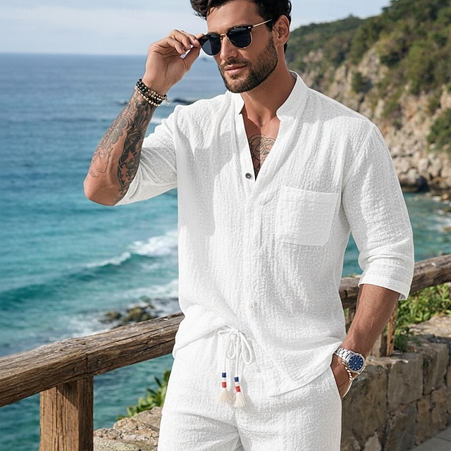 Men's Linen Set 2 Piece Shirt Set And Set Plain Casual Daily Vacation ...