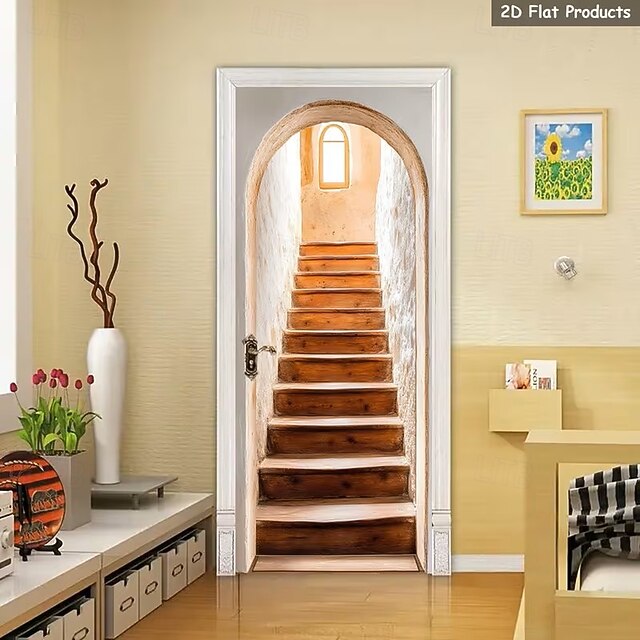 3d Optical Illusion Door Cover With 2d Flat Print Staircase Scene