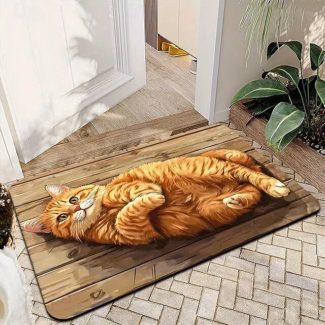 Ginger Cat Lying on Wood Planks Design Doormat, Ideal for Cat Lovers ...
