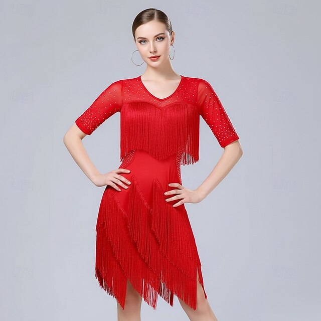 Robe de danse rouge à franges en résille et strass pour femme de 2026 ...