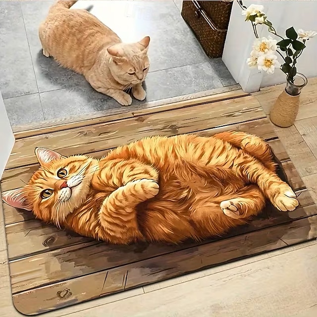 Ginger Cat Lying on Wood Planks Design Doormat, Ideal for Cat Lovers ...