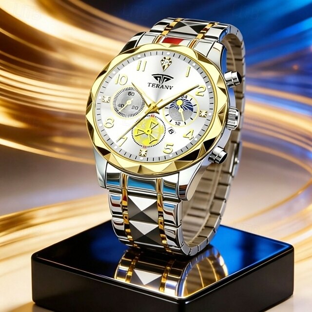 Men's Watch Luxury Green Dial Chronograph, Two Tone Gold Silver ...