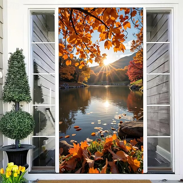 Autumn Fall Maple Leaves Nature Scenery Door Banner Golden Sunburst ...