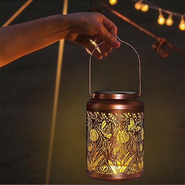 Outdoor Solar Butterfly Rose Gold Metal Lantern, Hollow Projection ...