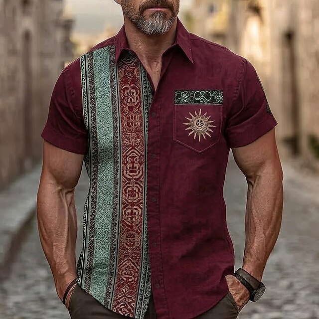 Men's Tribal Ethnic Sun Totem Shirt Summer Shirt Button Up Shirt Short ...