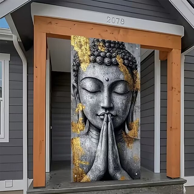Zen Buddhism Praying Buddha Statue Gold Leaf Art Door Banner Meditating ...