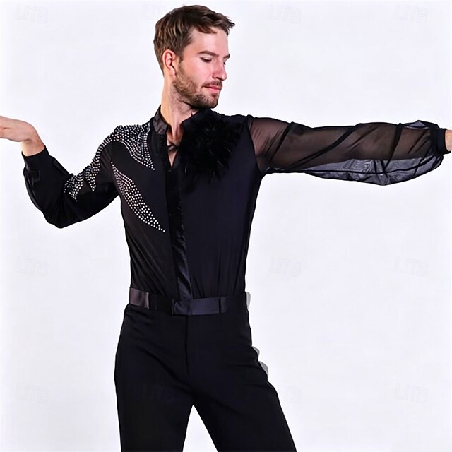 Men's Latin Dance Bodysuit - Asymmetrical Mesh Sleeve & Rhinestone ...
