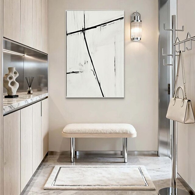 White Textured Wall Art Black Lines and White Abstract Painting White ...