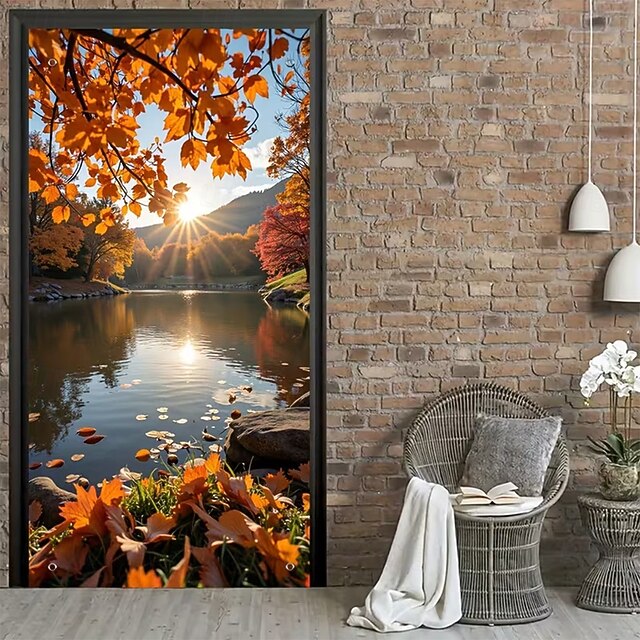 Autumn Fall Maple Leaves Nature Scenery Door Banner Golden Sunburst ...