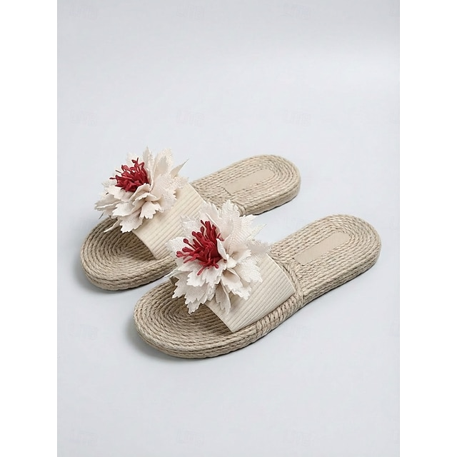 Women's Boho Floral Straw Slides - Natural Jute Style Flat Sandals with ...