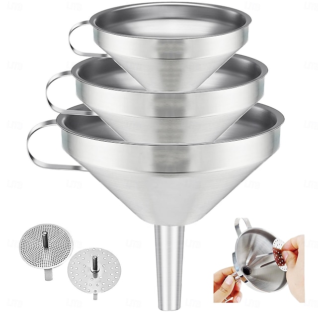 5PCS/Set 3 Pack Stainless Steel Funnels with 2 Detachable Filter for ...