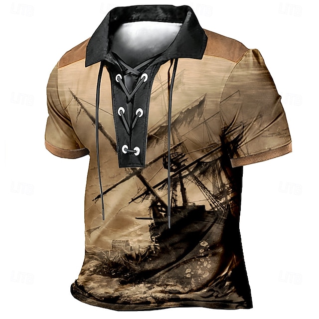 Men's Ship Polo Shirts Short Sleeve Polo Shirts Lace Up Neck Vintage ...