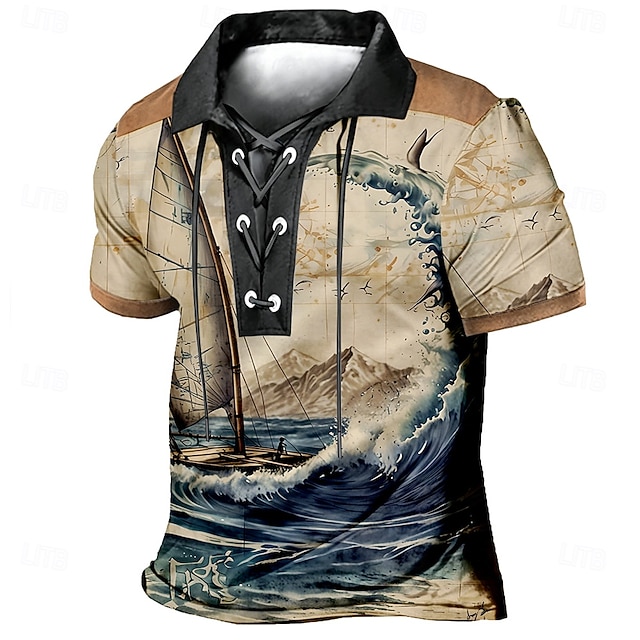 Men's Nautical Polo Shirts Short Sleeve Polo Shirts Lace Up Neck ...