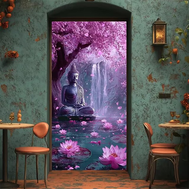 Zen Buddhism Praying Buddha Statue Gold Leaf Art Door Banner Meditating ...