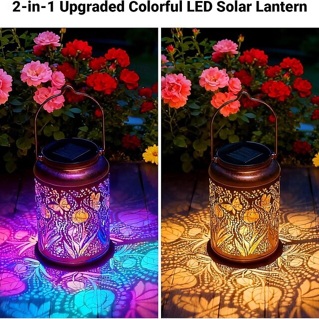 Outdoor Solar Butterfly Rose Gold Metal Lantern, Hollow Projection ...