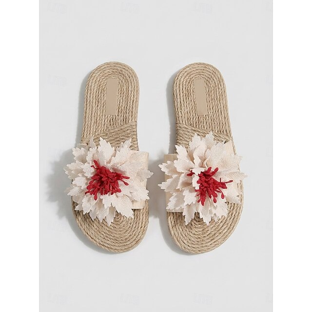 Women's Boho Floral Straw Slides - Natural Jute Style Flat Sandals with ...