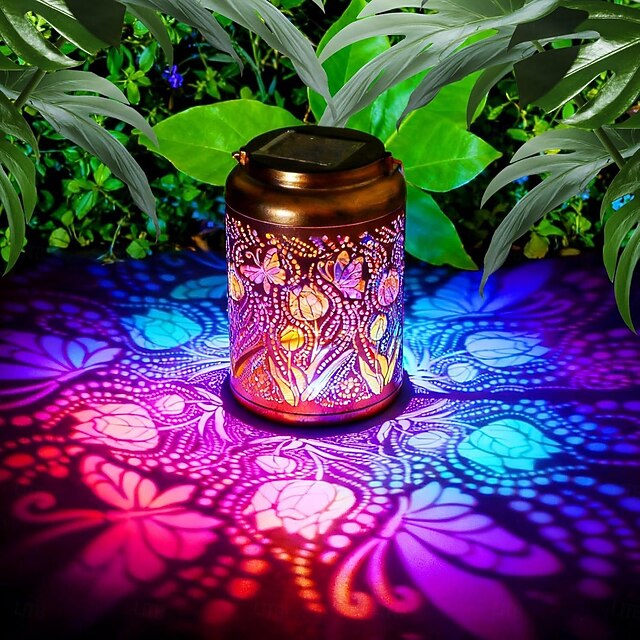 Outdoor Solar Butterfly Rose Gold Metal Lantern, Hollow Projection ...