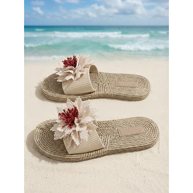 Women's Boho Floral Straw Slides - Natural Jute Style Flat Sandals with ...