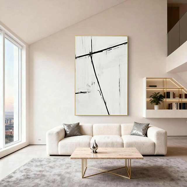 White Textured Wall Art Black Lines and White Abstract Painting White ...