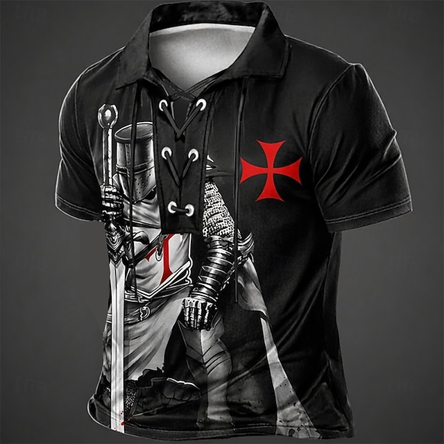 Men's Cross Polo Shirts Short Sleeve Polo Shirts Lace Up Neck Vintage ...