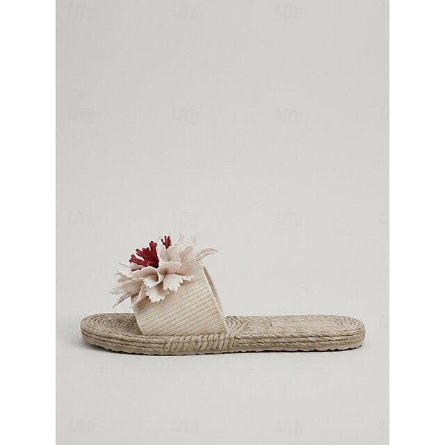 Women's Boho Floral Straw Slides - Natural Jute Style Flat Sandals with ...