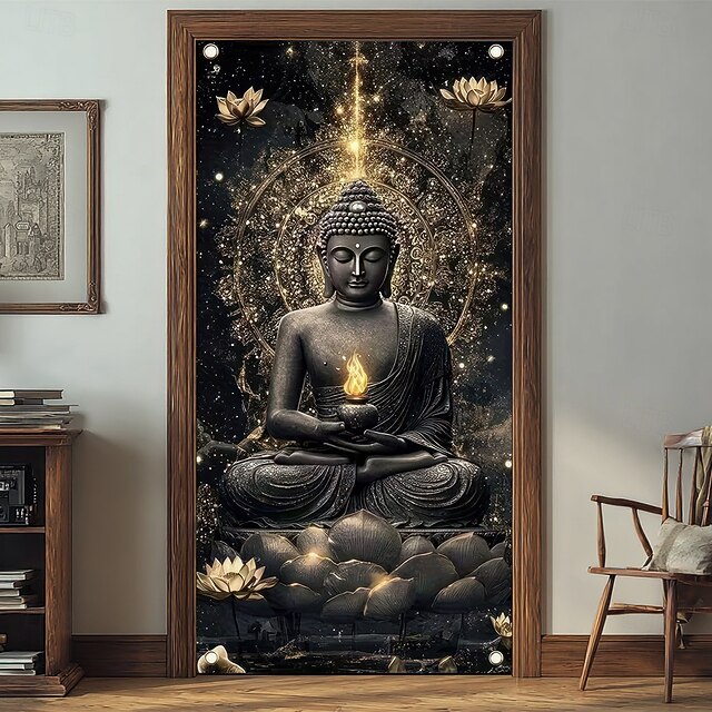 Zen Buddhism Praying Buddha Statue Gold Leaf Art Door Banner Meditating ...