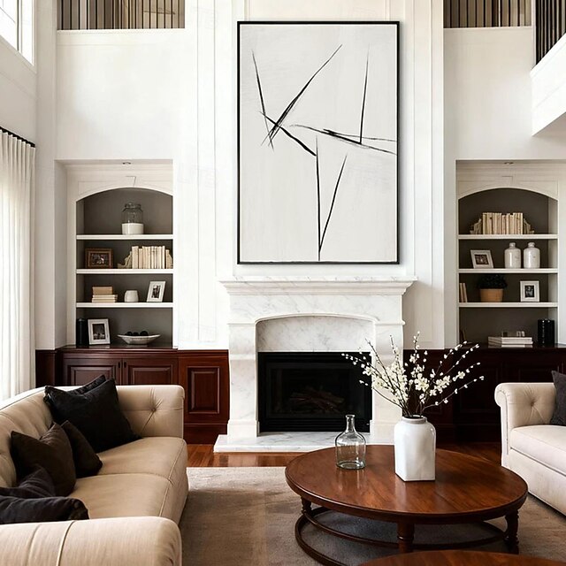 White Textured Wall Art Black Lines and White Abstract Painting White ...