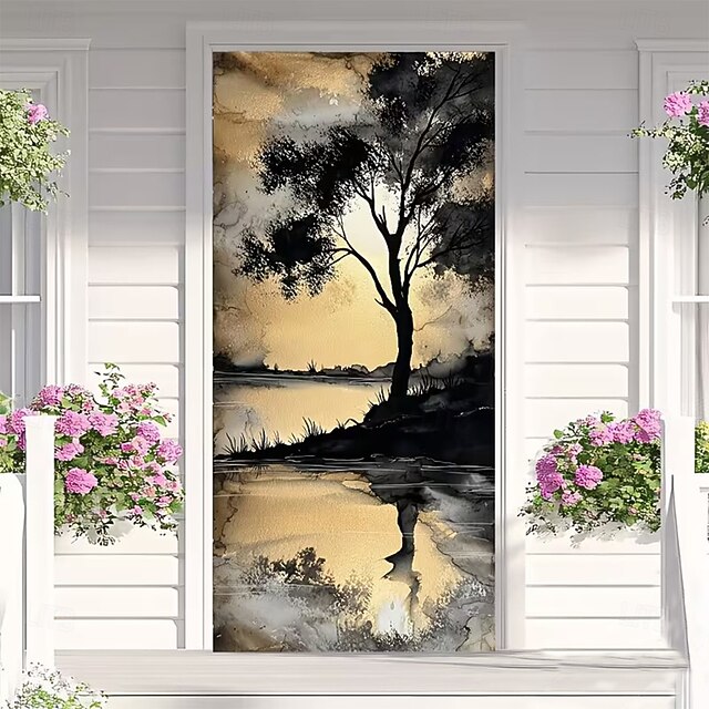 Autumn Fall Maple Leaves Nature Scenery Door Banner Golden Sunburst ...