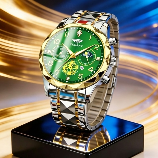 Men's Watch Luxury Green Dial Chronograph, Two Tone Gold Silver ...
