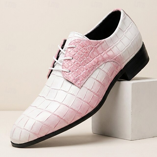 Men's Pink Croc Embossed Lace-Up Oxford Dress Shoes Pointed Toe Fashion ...