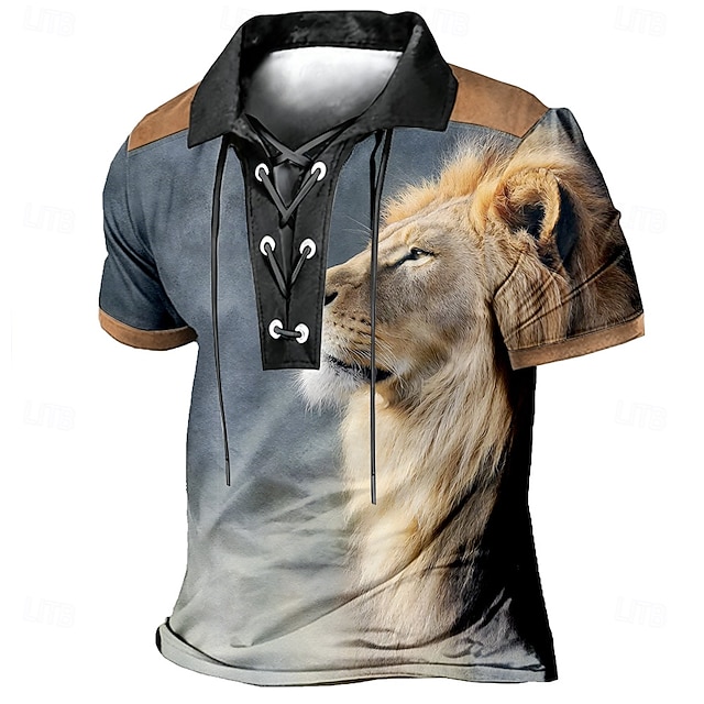 Men's Animal Polo Shirts Short Sleeve Polo Shirts Lace Up Neck Vintage ...